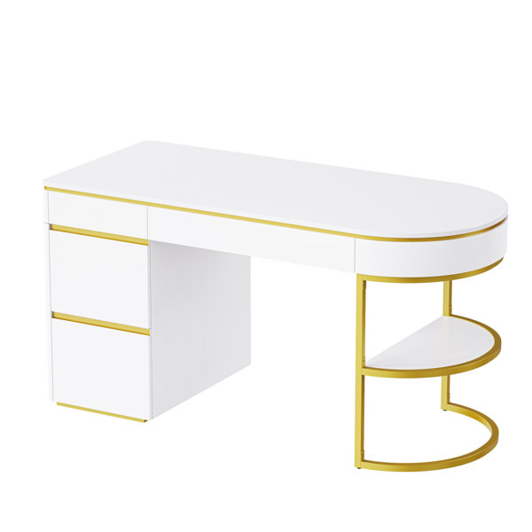 Mercer41 60''Modern Executive Desk,White Curved Computer Desk With Gold Metal Legs,3-Drawers ...
